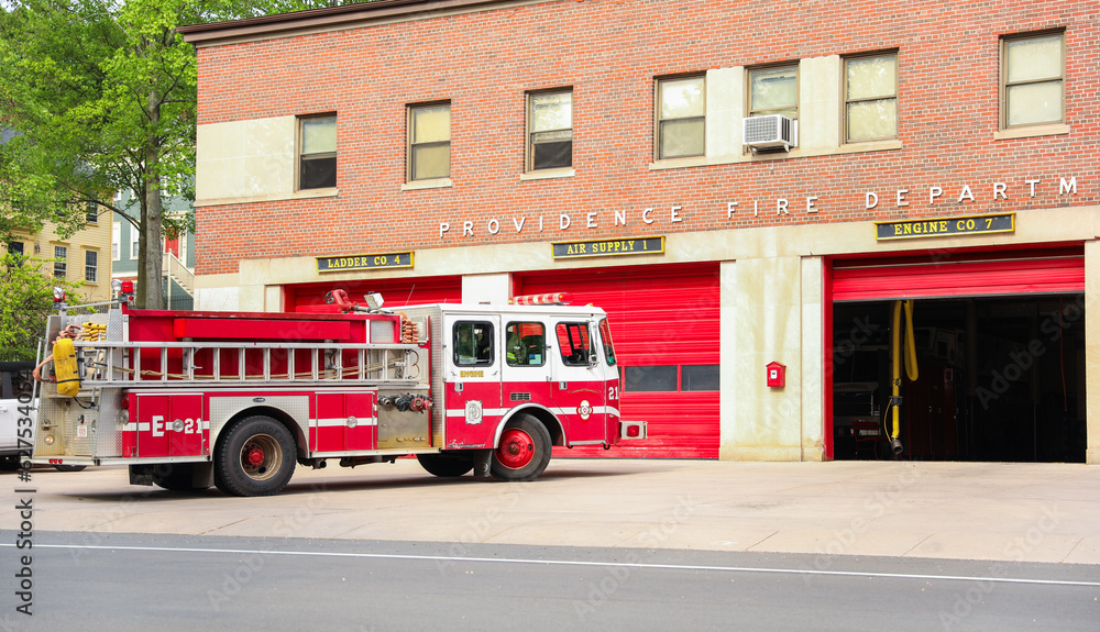 Providence, Rhode Island, USA, July 25, 2023, Firetruck and ambulance, symbols of rescue and ...