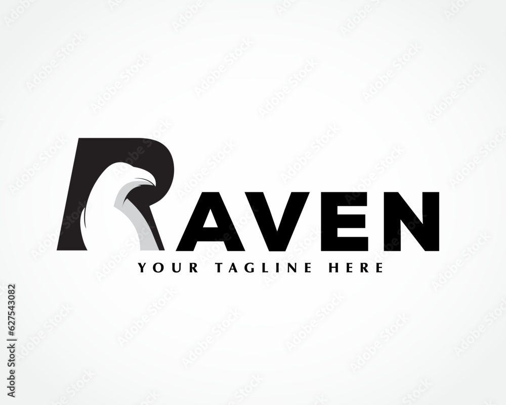 raven bird negative space at R initial logo symbol design template ...