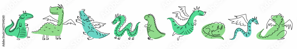 Vector collection of dragons hand-drawn in doodle style Stock Vector ...