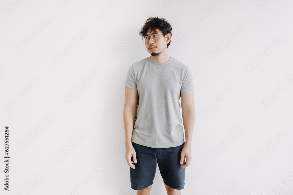 Bored face asian man stand boringly in full body isolated on white ...