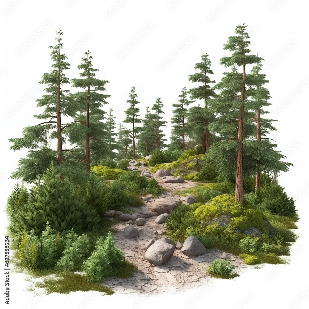 Pathway between mountains and trees, greenery nature isolated on white ...