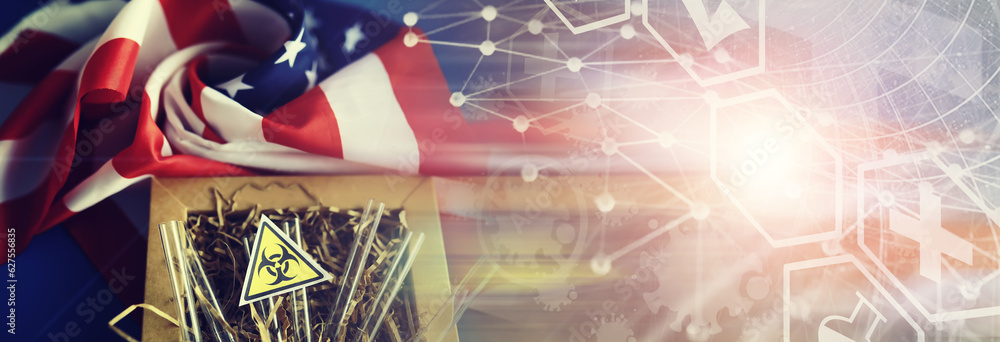 American flag, test tubes and biohazard sign. The concept of American ...