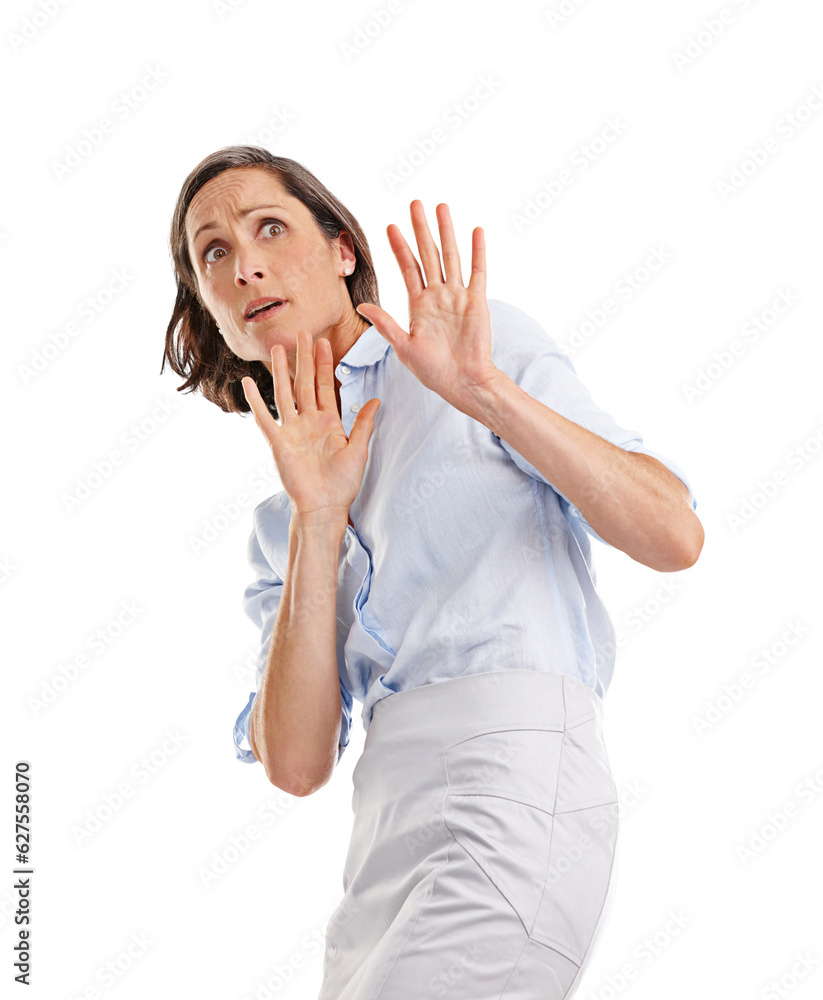 Woman, scared and stop with hands isolated on a transparent png ...