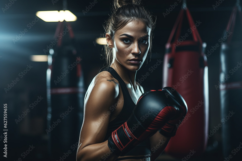 Striking image of a female boxer at work in a dimly lit gym - a vivid ...