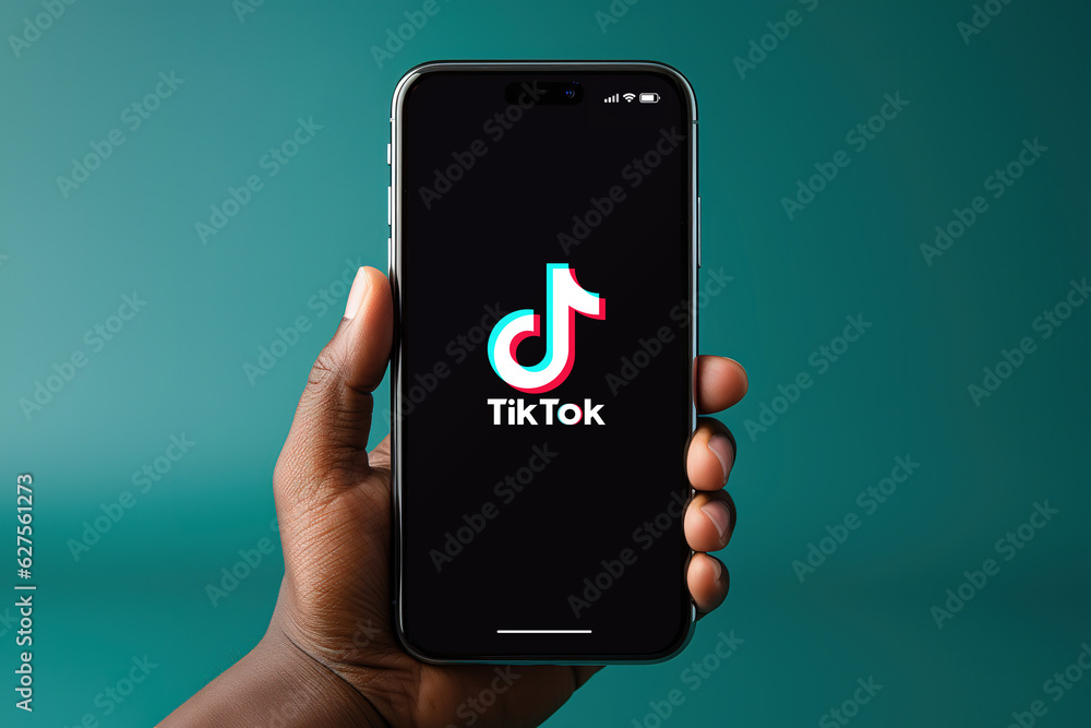 Black hand holding a smartphone iPhone with Tik Tok app on the screen ...