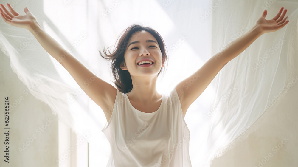 Pretty lady in white Hyper Realistic dress exudes happiness, raising ...