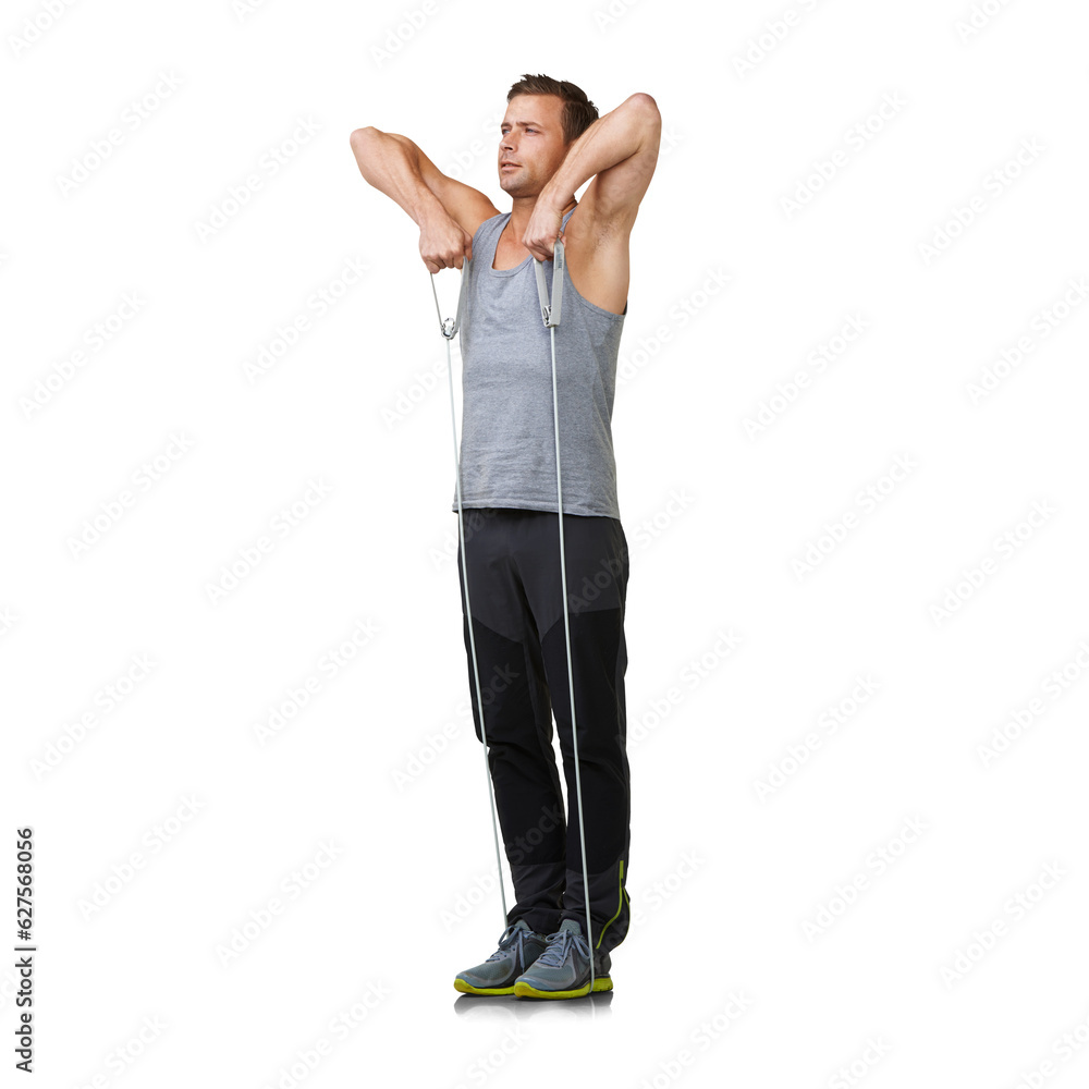 Exercise, stretching and man with resistance band in fitness gym ...