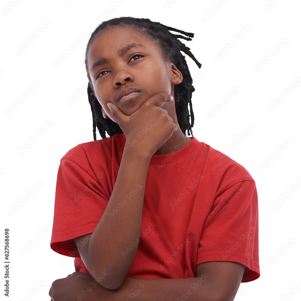 Thinking, idea and boy child model with a solution, question or ...