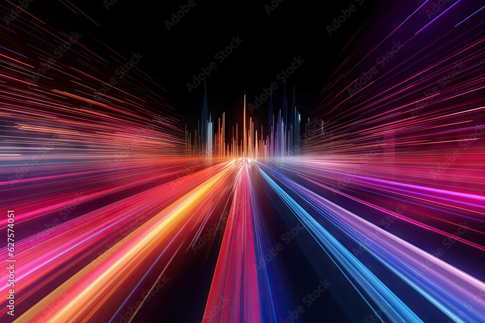 Speed light trails path through smart modern mega city and skyscrapers ...