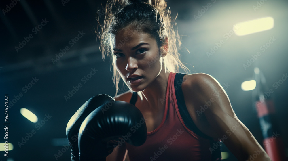 Striking image of a female boxer at work in a dimly lit gym - a vivid ...