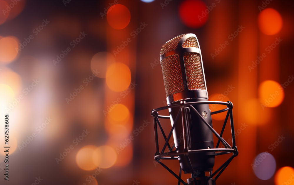 Side view of a radio microphone with studio background blur, lighting ...
