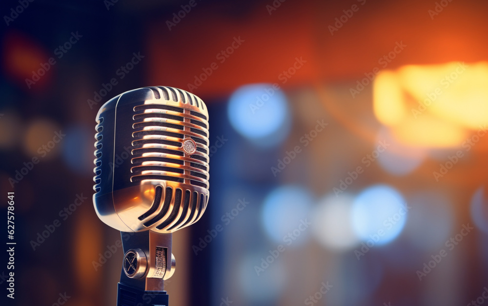 Side view of a radio microphone with studio background blur, lighting ...