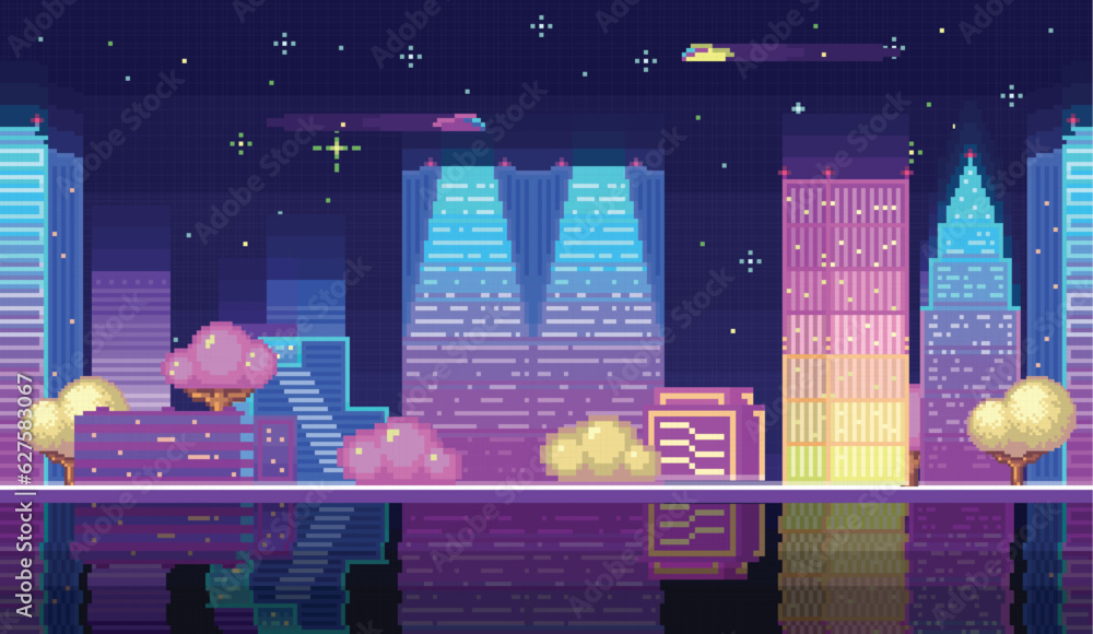 Night city landscape neon pixel background with hight buildings ...