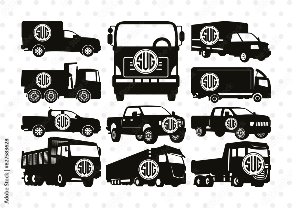 Vetor de Truck Circle Monogram, Truck Silhouette, Pickup Truck Svg ...