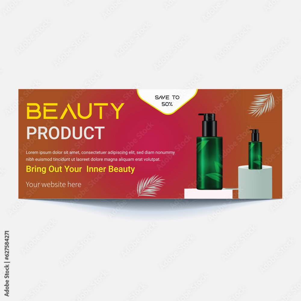 Beauty make up banner template. Cosmetic products on wavy background in ...