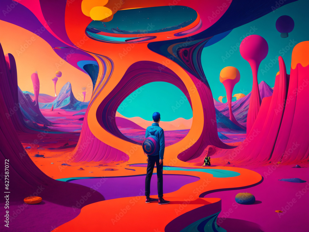 A surreal landscape of vivid colors and shapes, with a person standing ...