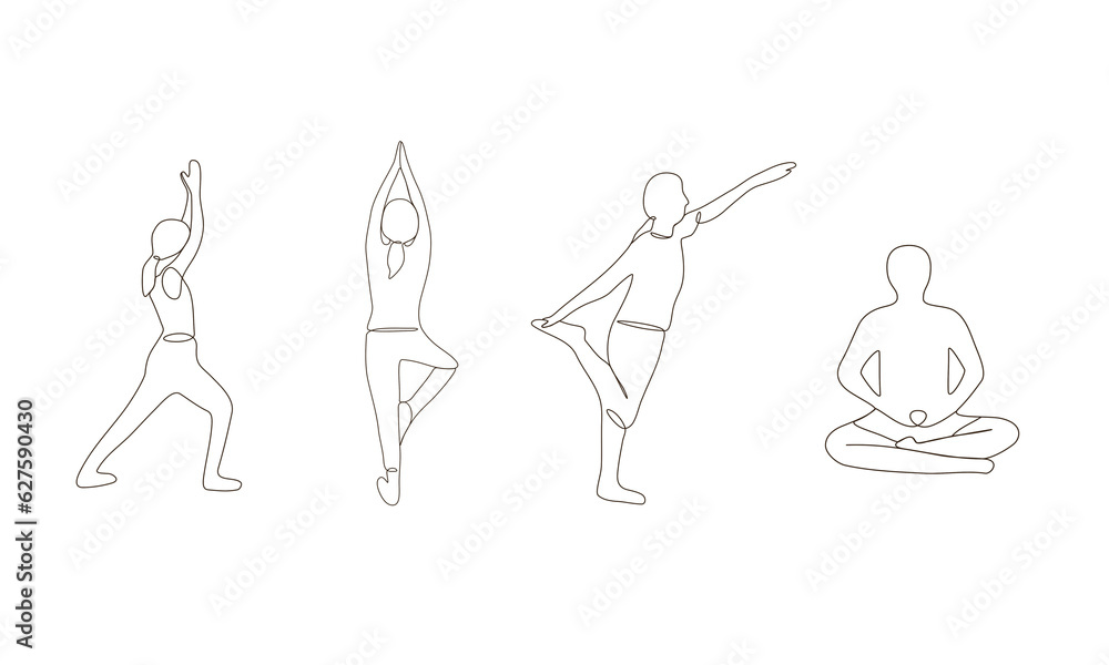 Modern line art of men and women doing different yoga poses. Health ...