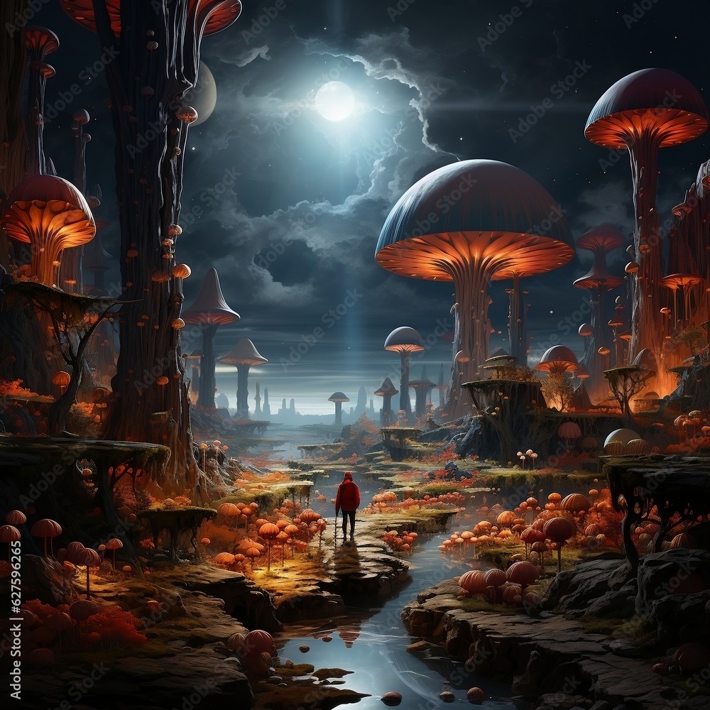 An adventurer exploring an otherworldly landscape of alien rock ...