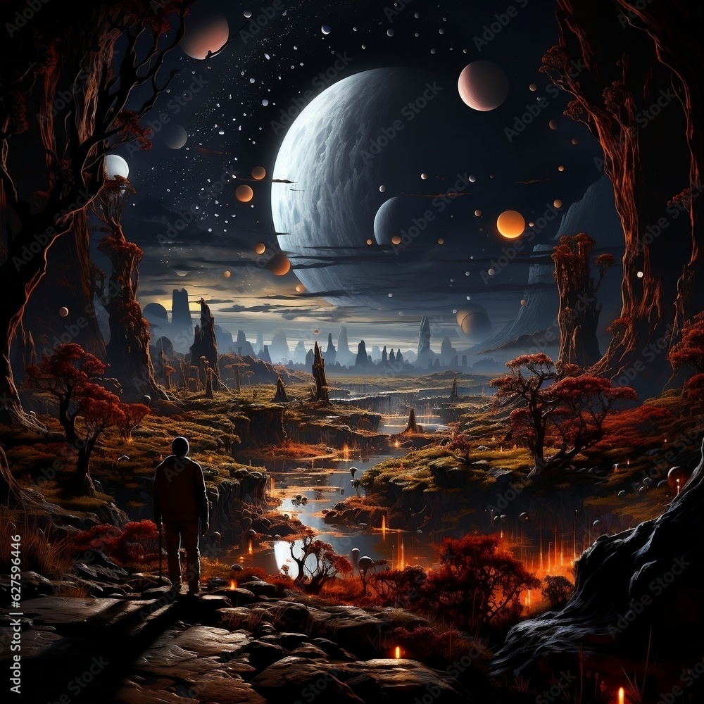 An adventurer exploring an otherworldly landscape of alien rock ...