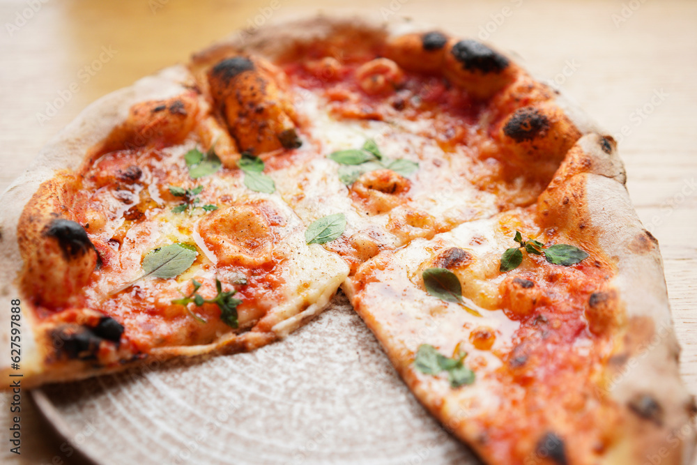 Pizza without one piece in the box. fast delivery of food. packaging ...