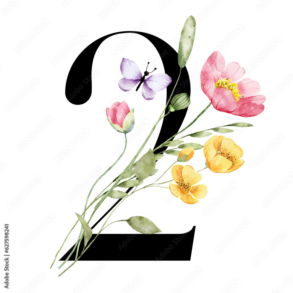 Number 2, two with watercolor flowers hand painting. Perfectly for ...