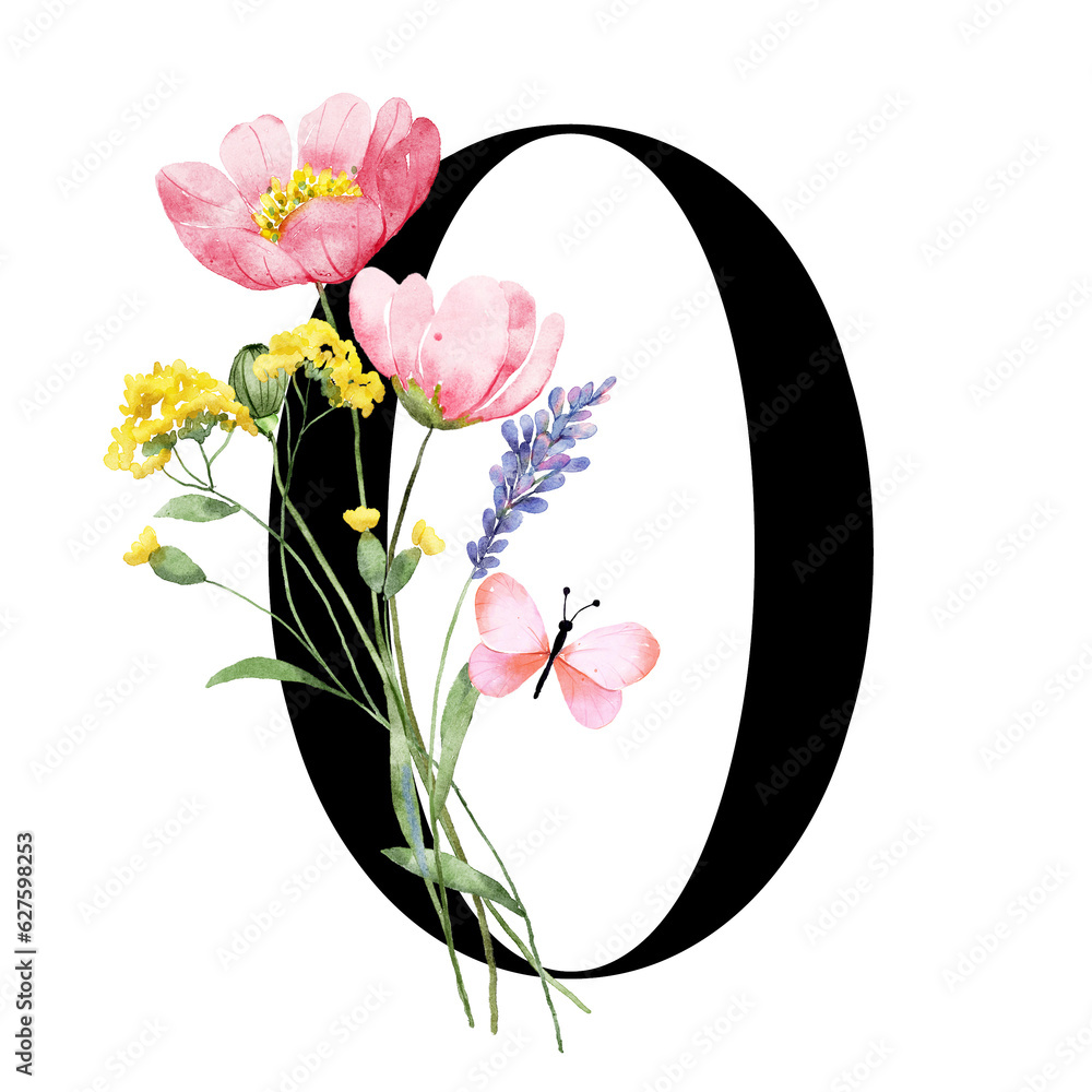Number 0, zero with watercolor flowers hand painting. Perfectly for ...