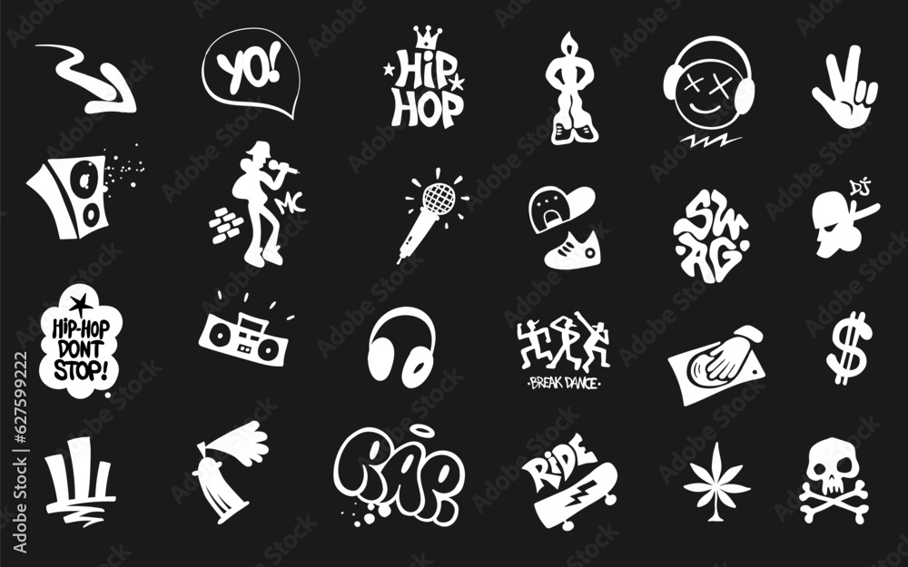 Hip Hop Culture Rap Music Graffiti Break Dance Symbols Icon Set Isolated Vector Design Element