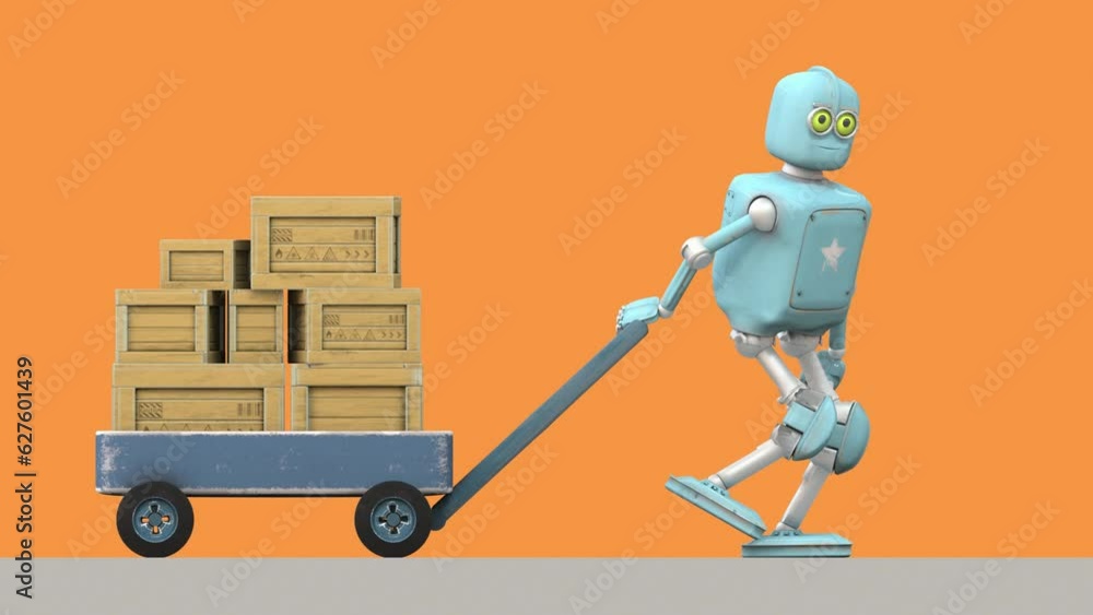 Retro robot moving cart with boxes, 3D video render cartoon style, on ...