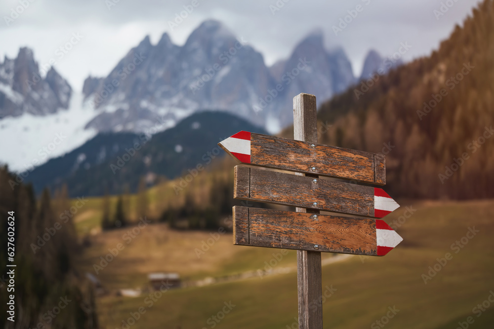 Sign for hiking trails in the Dolomites. Signpost on a hiking trail in ...