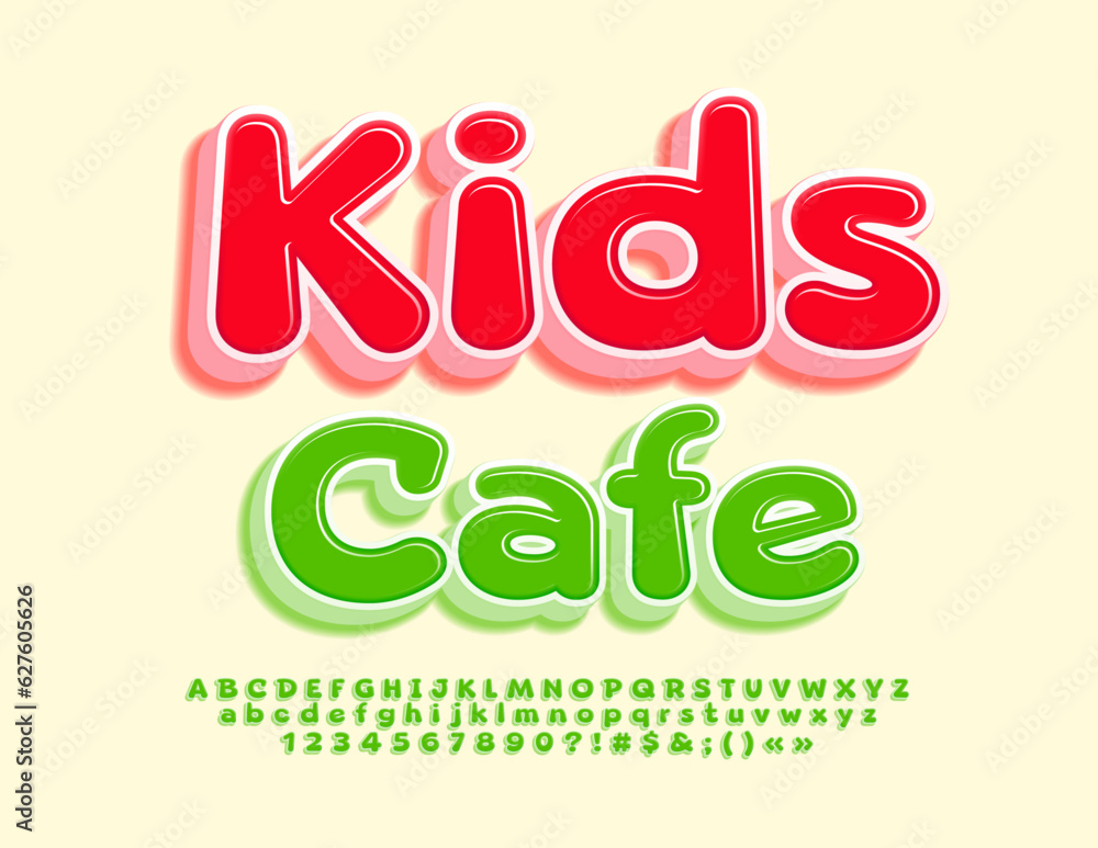 Vector bright template Kids Cafe with Green finny Font. Set of playful ...