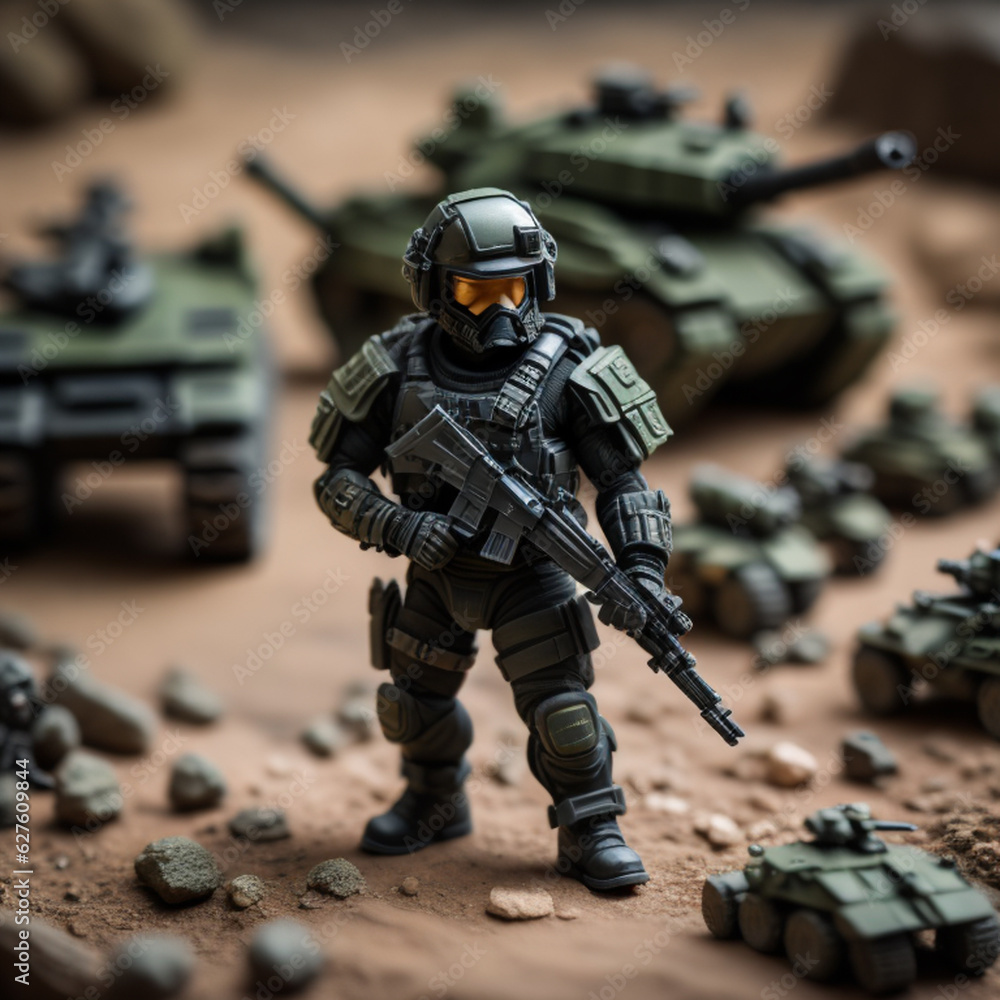 Macro photography of a miniature commando in forest with his arms ...