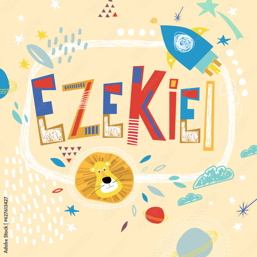 Bright card with beautiful name Ezekiel in planets, lion and simple ...