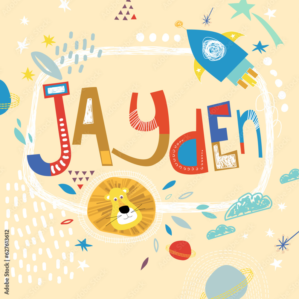 Bright card with beautiful name Jayden in planets, lion and simple ...