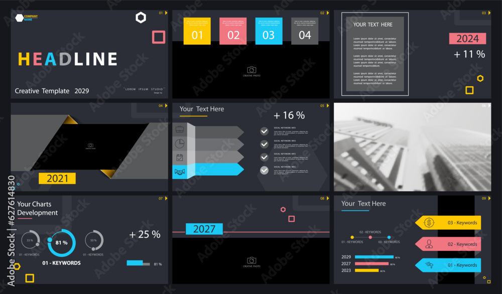 Business presentation template. Set, design elements of infographics, black background. Flyer ...