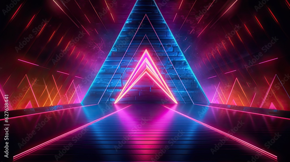 An otherworldly neon stage design with floating tetrahedrons emitting a ...