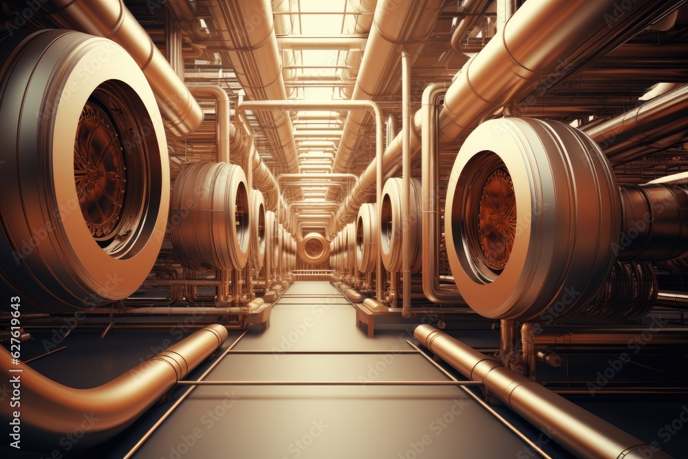 3d rendering of an industrial interior with pipes, tubes and lights, 3D ...