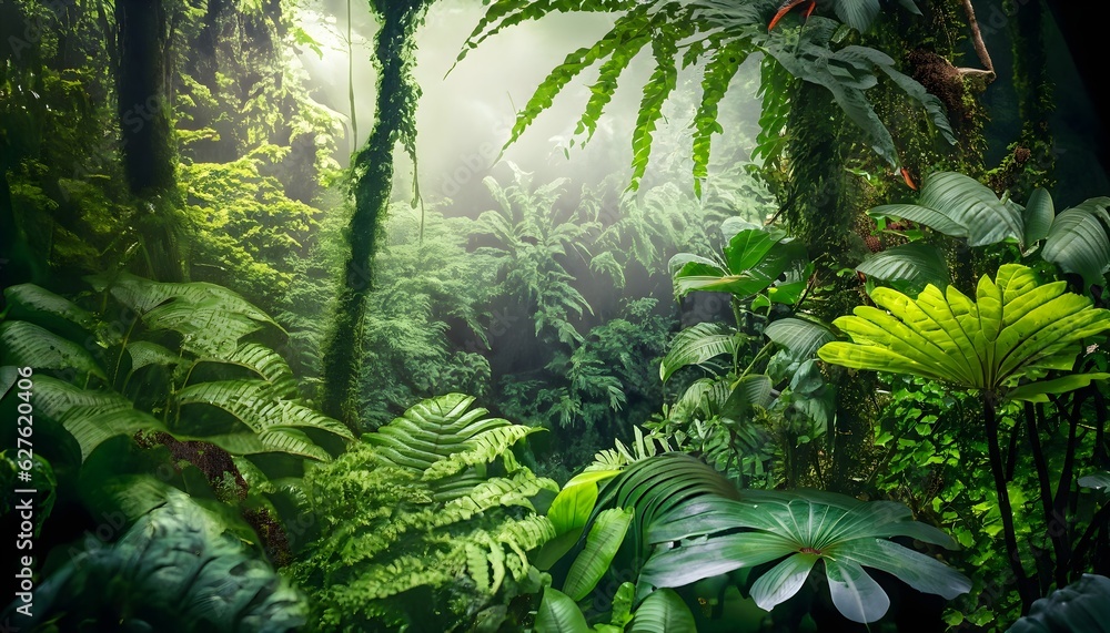 tropical jungle, vibrant jungle with lush green foliage, exotic plants ...