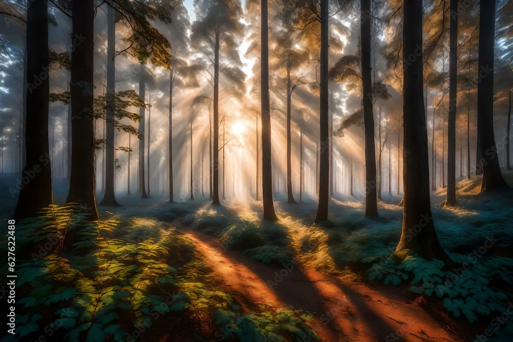 Beautiful Natural Forest Dawn. The first light of dawn gently kisses ...