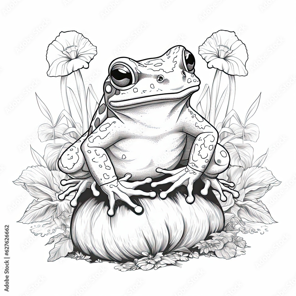 Frog animal line art illustration. Black and white coloring page style ...