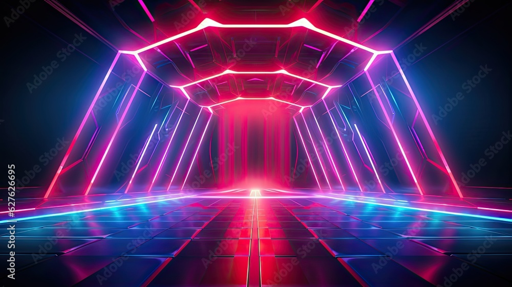 An immersive neon stage design with intricate octagonal patterns ...