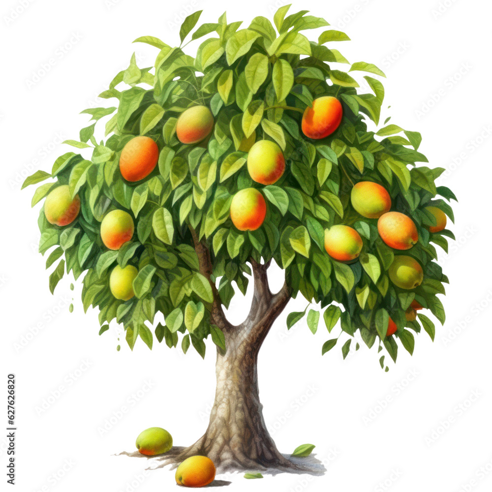 Mango tree with fruits, garden fruit trees watercolor illustration ...
