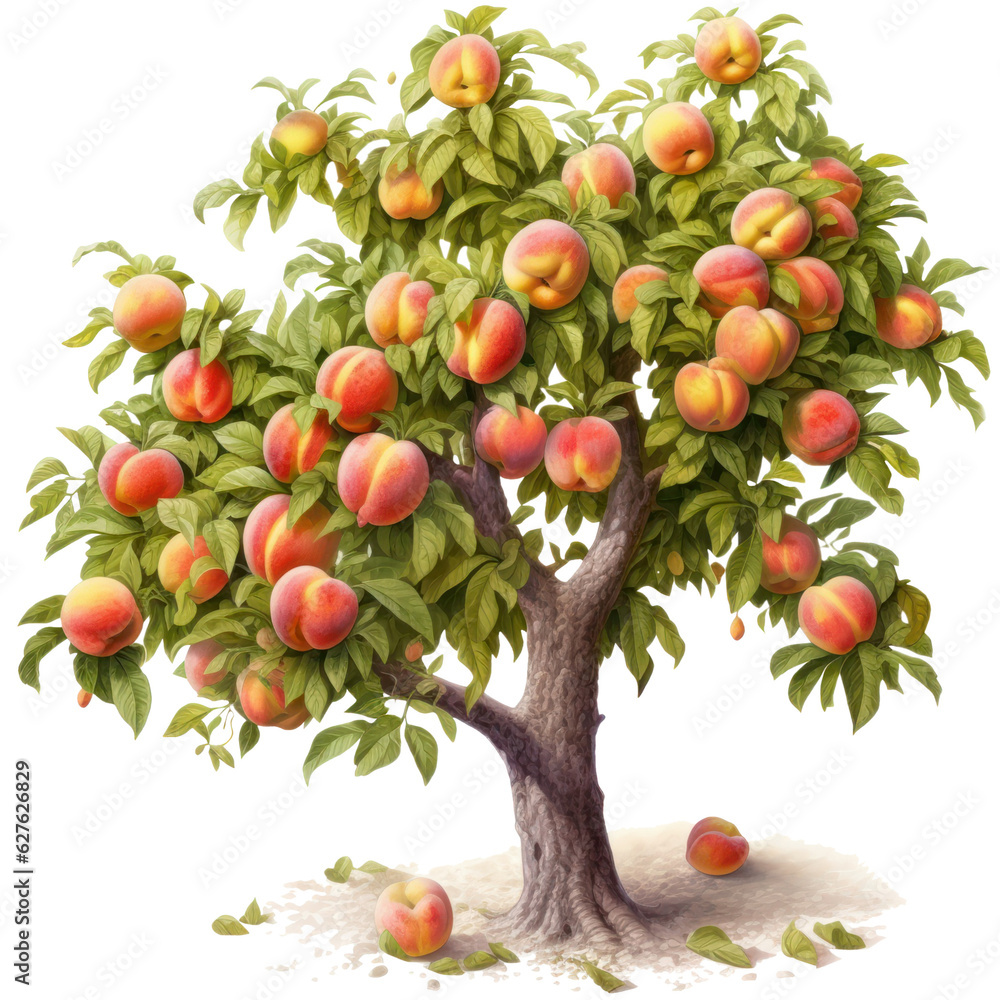 Peach tree with fruits, garden fruit trees watercolor illustration ...