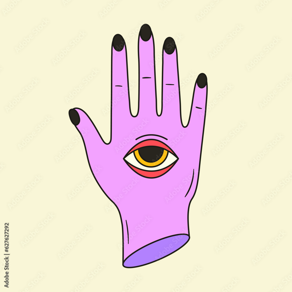 Surreal vector illustration of hand with psychedelic eye. Groovy 70s ...