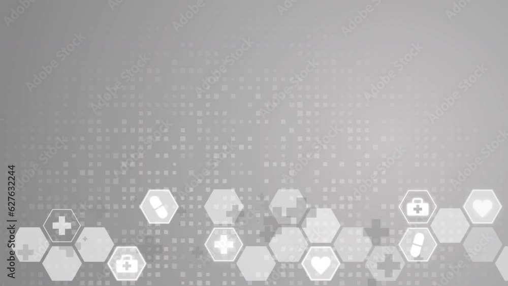 White glowing hospital symbols in hexagon. Healthcare animation with ...