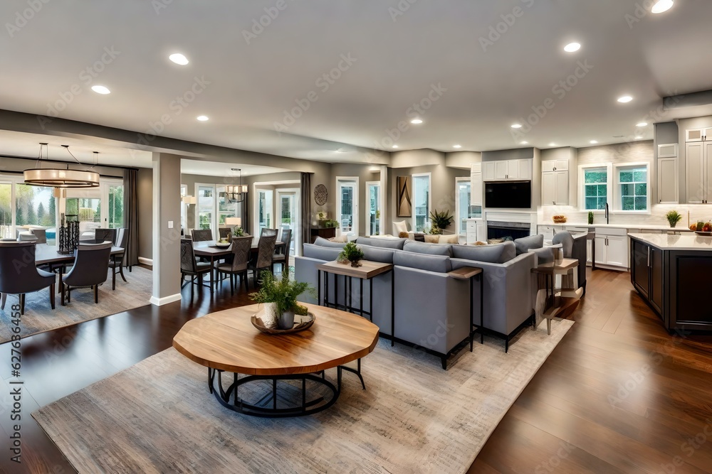 Stunning living room interior panorama showing entry, dining room, and ...