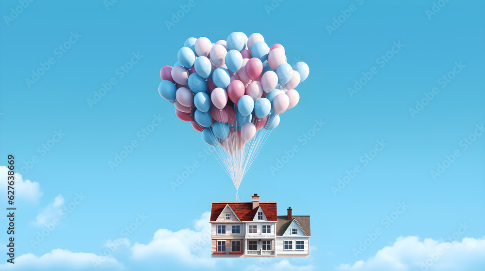 hot air balloon House with balloons bunch flying in the sky. Real ...