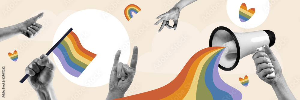 Conceptual social design with human hands, flag of lgbt, loudspeaker ...