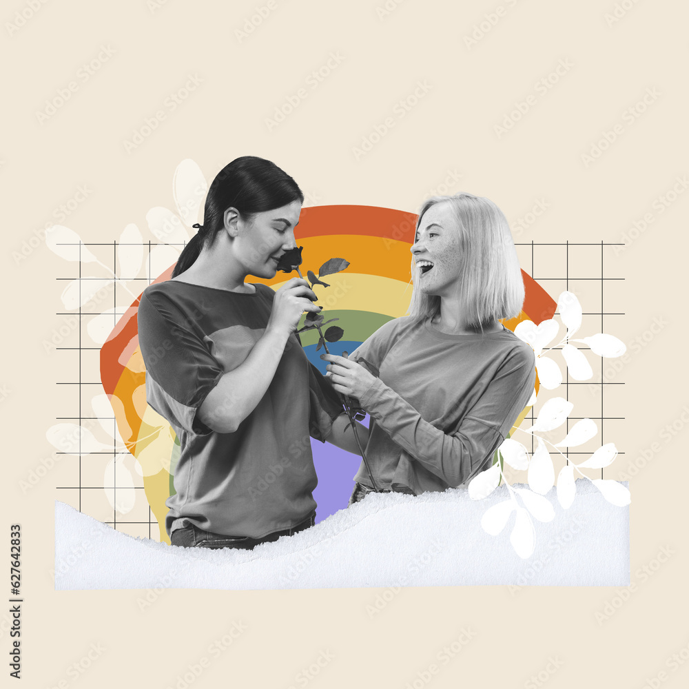 Two young women supporting lgbt community. Pastel background with ...