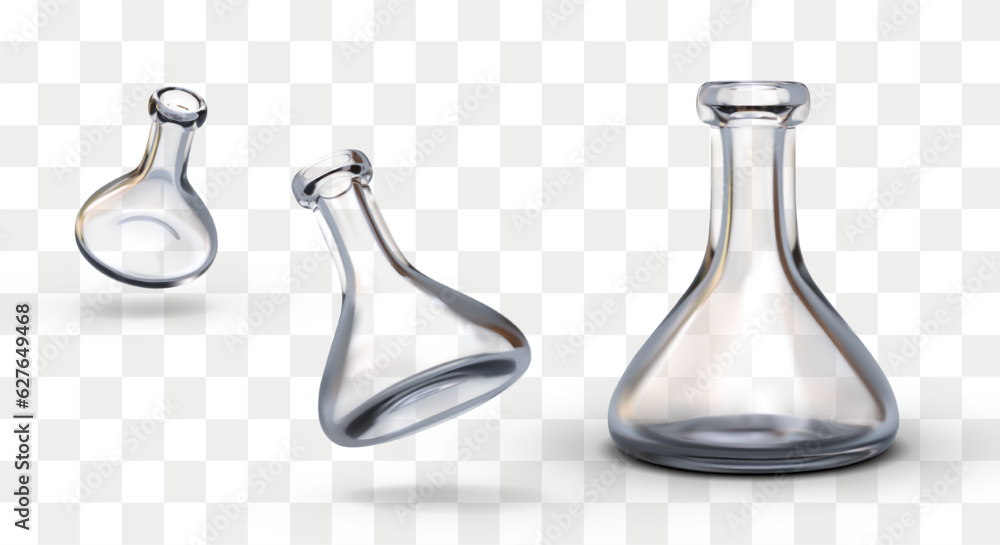 Realistic empty Erlenmeyer flask. Vertical and inclined position. Clean ...