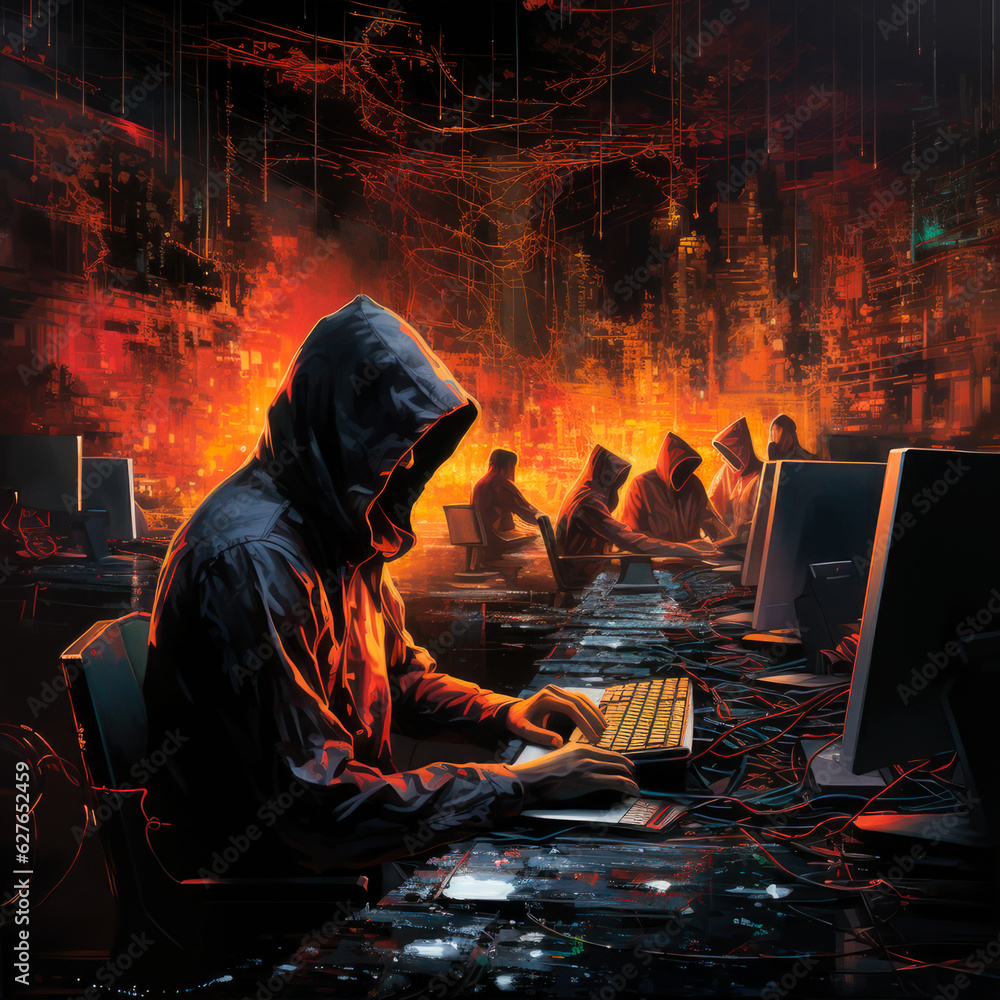 A lone man dressed in a hoodie sitting in front of his computer in a ...